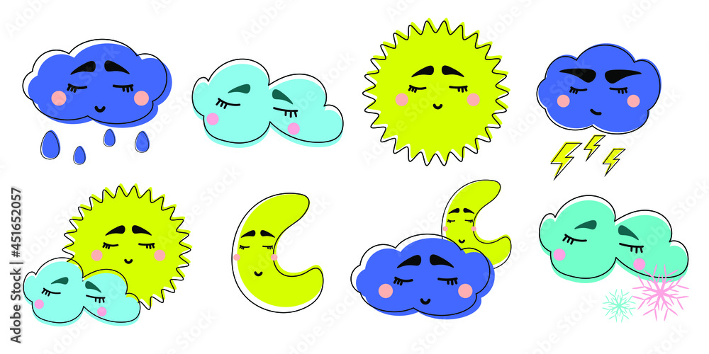 Weather set kawaii icons. Meteorology line art bundle of cute cartoon ...