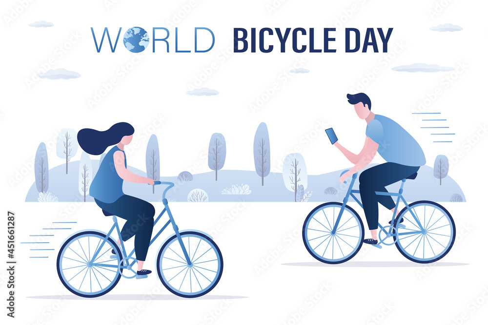 World Bicycle Day, concept banner. Healthy lifestyle. Young adults ...
