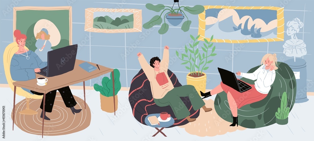 Vector cartoon flat characters at home party sitting in bean bags at ...