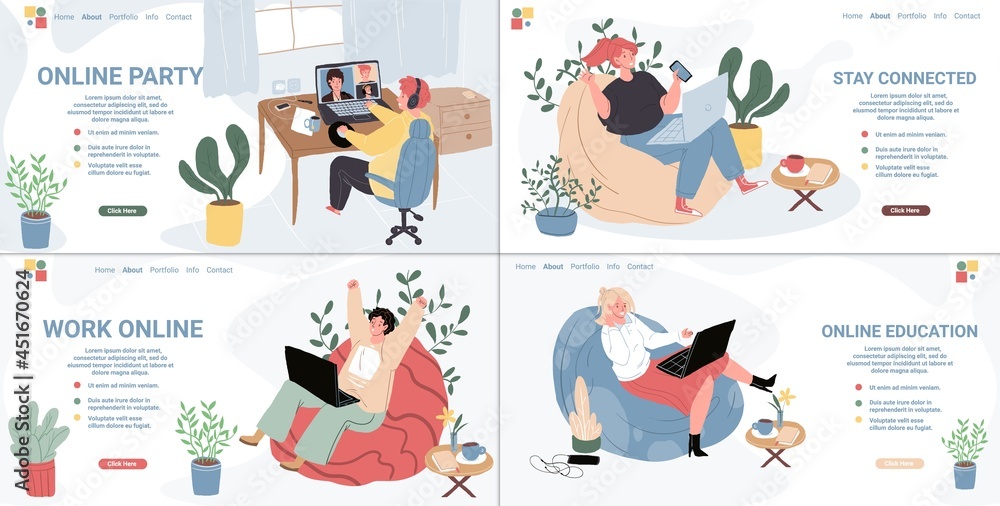 Vector flat cartoon characters using online video messenger conference ...