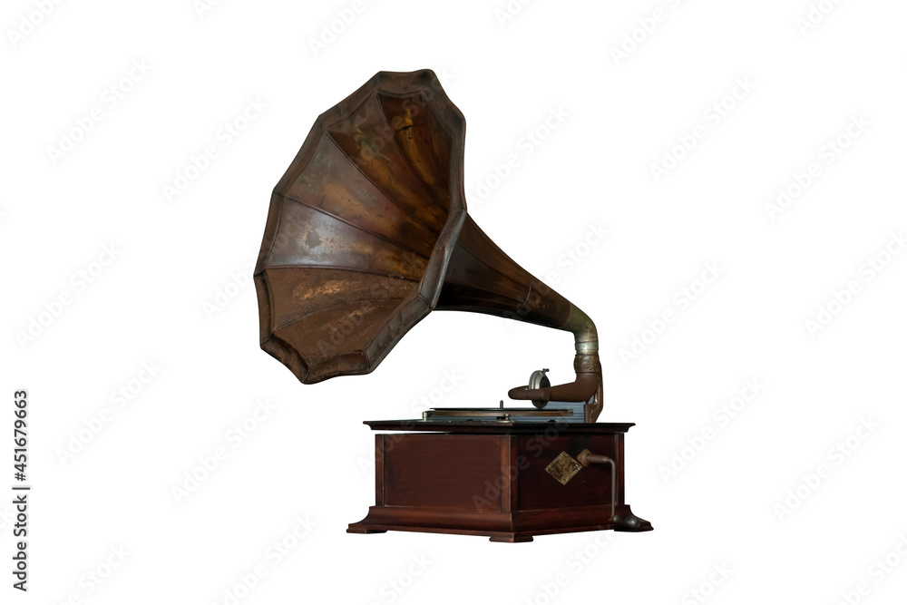vintage and classic gramophone isolated on white background with ...