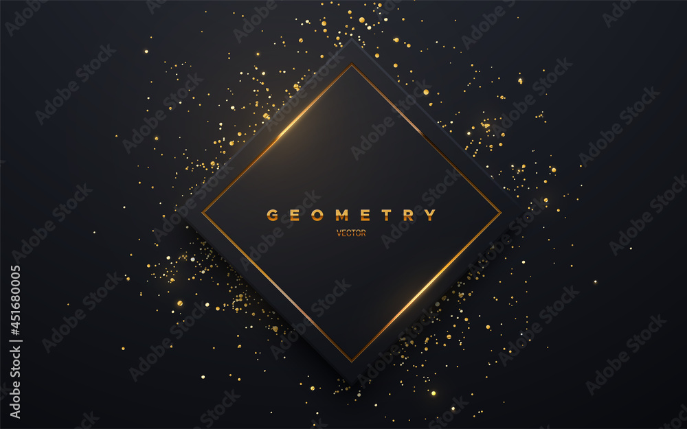 Abstract black square shape with golden glowing frame and glitters ...