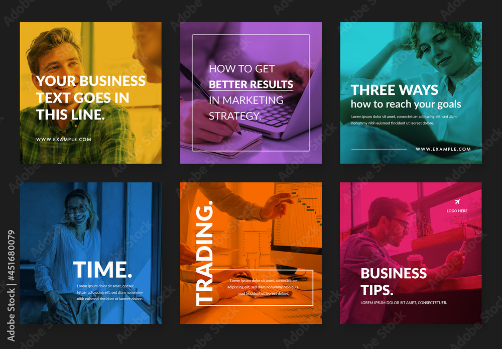 Social Layouts with Colourful Overlays and White Typography Stock ...