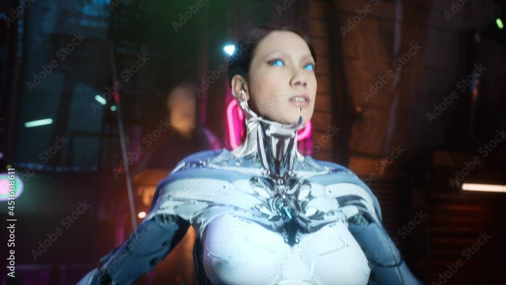 Video „Cybernetic girl walks along the bright neon street of a ...