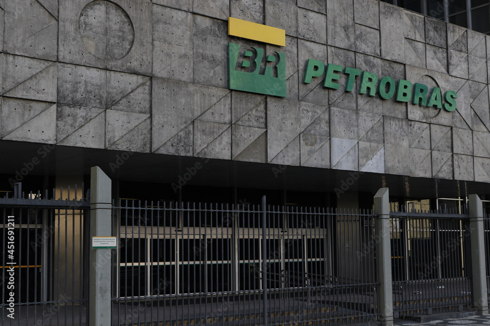 Petrobras oil company logo on building headquarters. Brazilian national ...