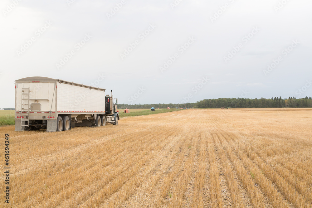 side view of a semi trailer truck in a farm field Stock Photo | Adobe Stock