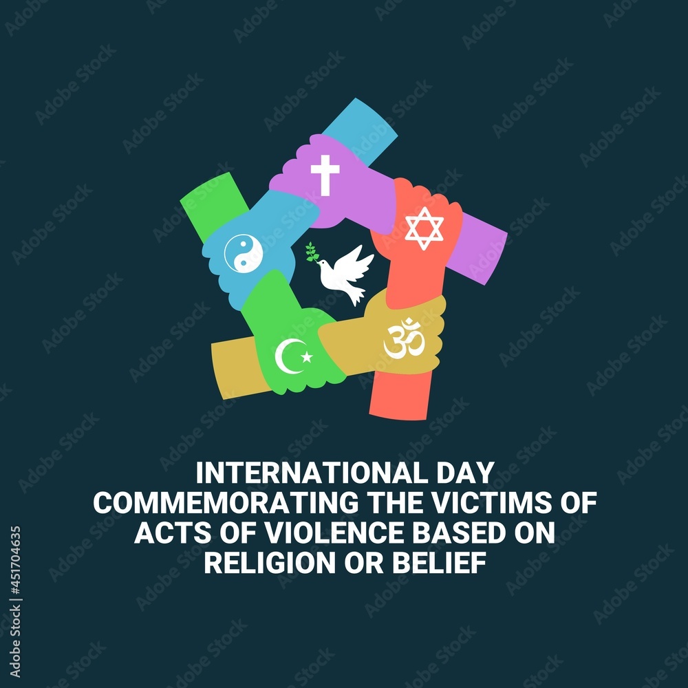 Vector illustration, hands holding each other with religious symbols ...