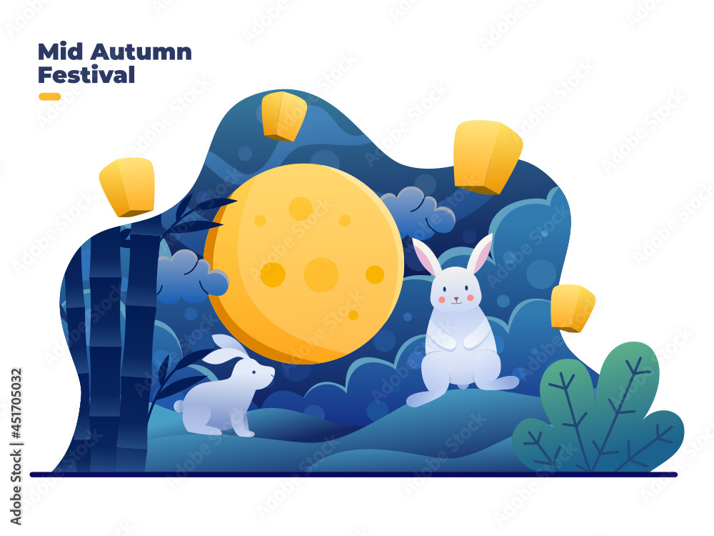 Mid autumn festival illustration with beautiful landscape and full moon ...