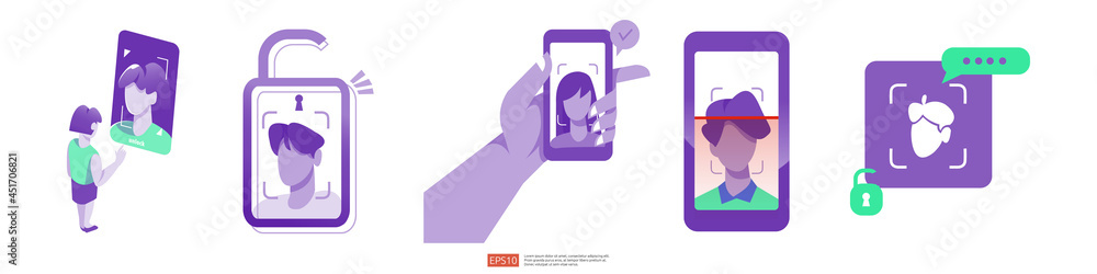 Face recognition system scanning on smartphone. facial biometric data ...