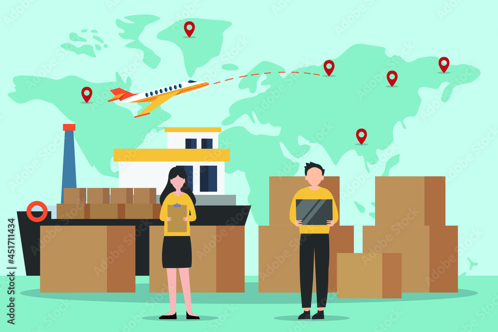 Logistics export import vector concept: Young woman and man checking ...