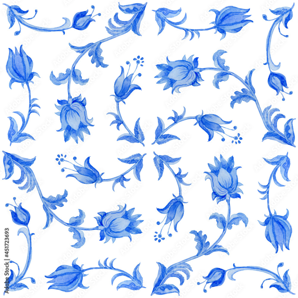 Watercolor painted indigo blue floral seamless pattern isolated on a ...