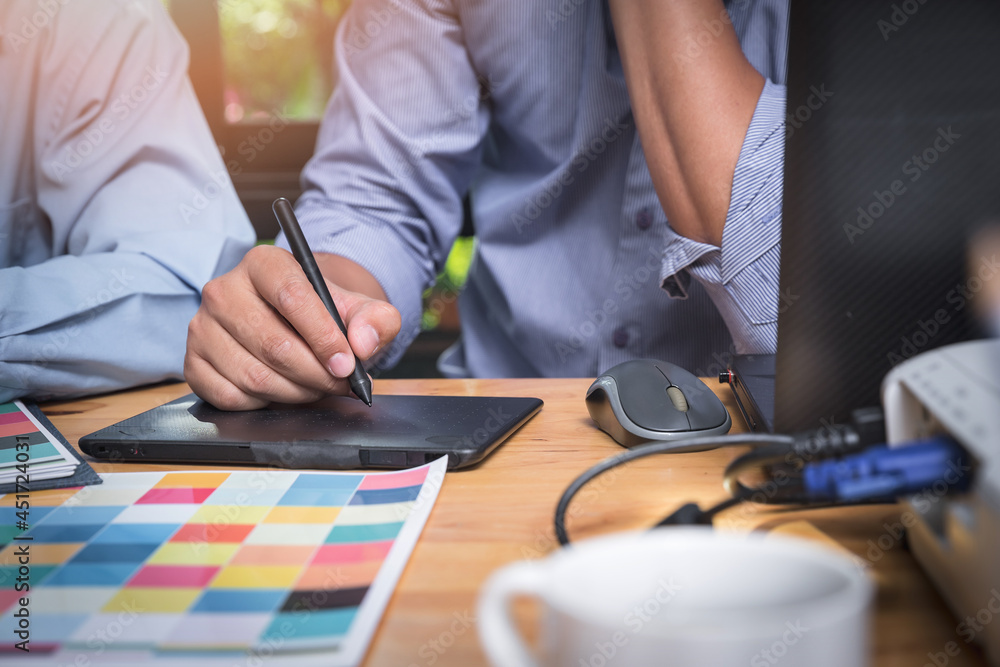 Interior designer chooses a color chart for home design. Graphic ...