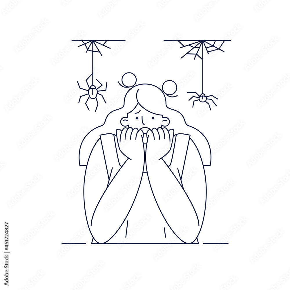 Fear of Spiders concept. Frightened woman suffers from Phobia. Editable ...
