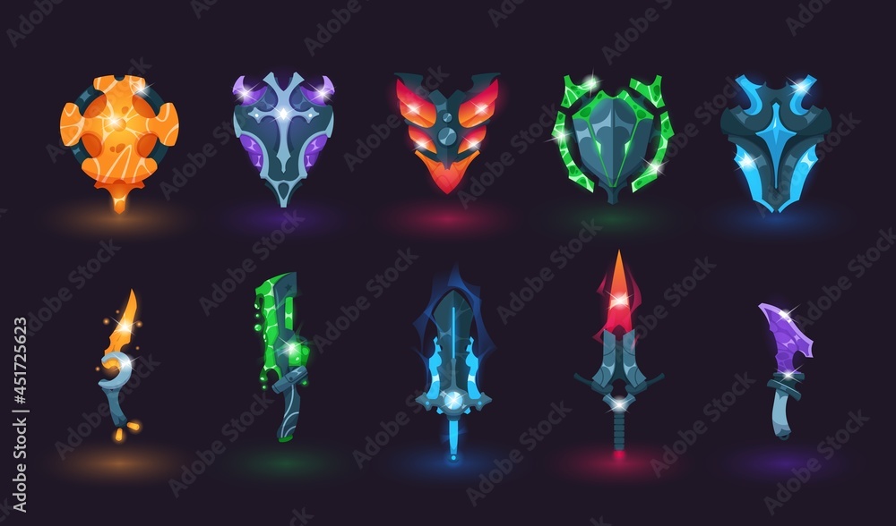 Game swords and shields. Cartoon various magic blades with fire or ...