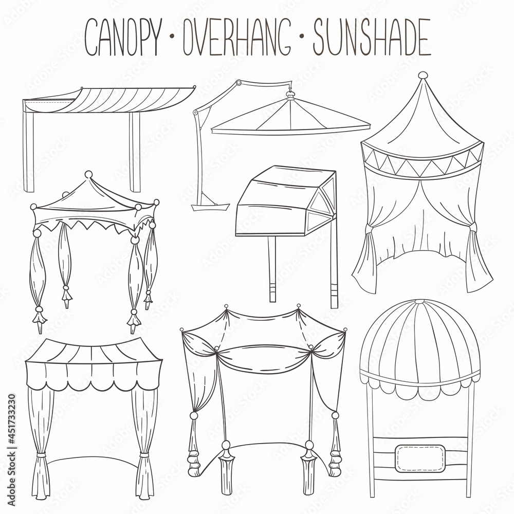 Set of vector outline images of awnings, gazebos, tents, awnings, sun ...