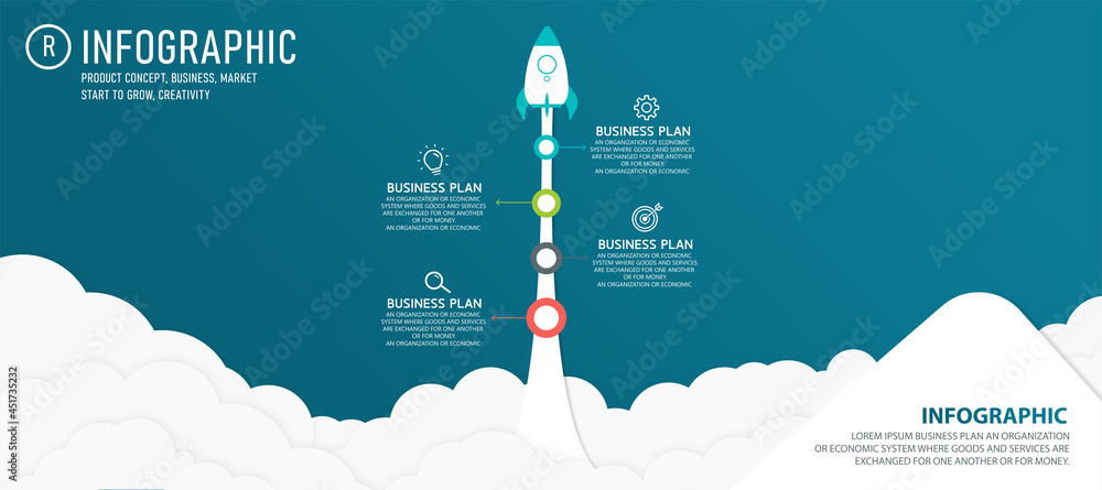 Rocket launch infographic with vector data icon, 4 step options ...
