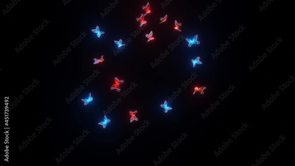 glowing red and blue butterflies fly on a black background. looped ...