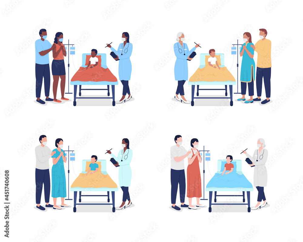 Pediatric emergency room semi flat color vector characters set. Full ...
