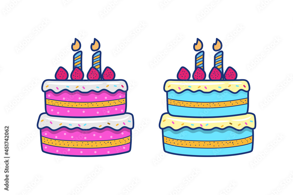 Cute birthday cakes vector illustration with blue and pink color ...