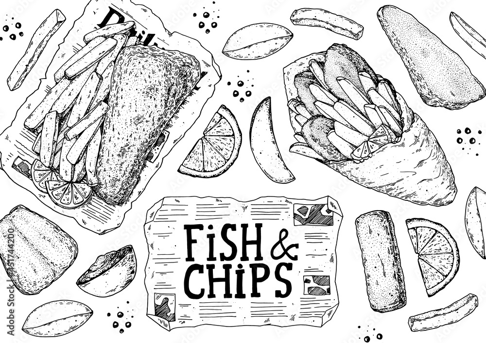Fish and chips sketch vector illustration. British pub food. Hand drawn ...