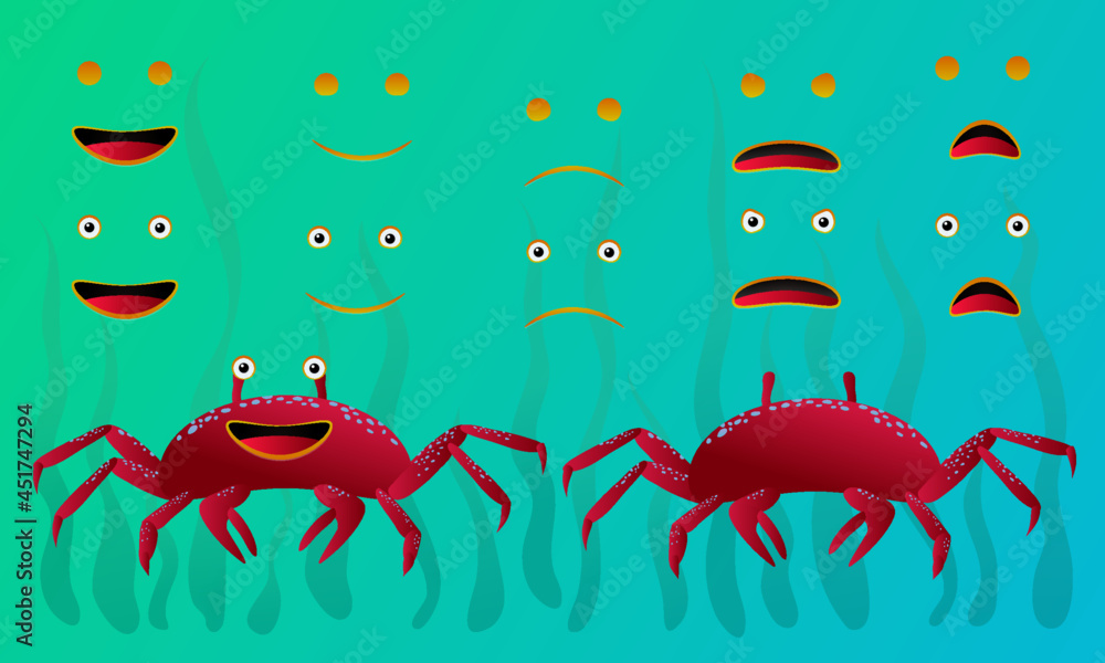 Vector image with crab and emotions for games, paper design, fabric and ...