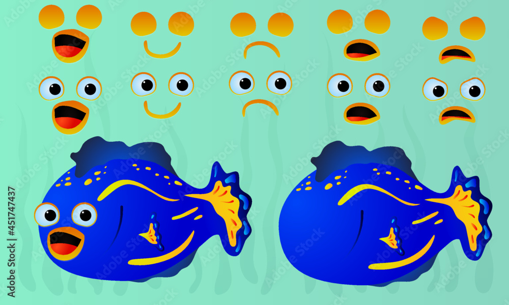 Vector image with fish and emotions for games, paper design, fabric and ...