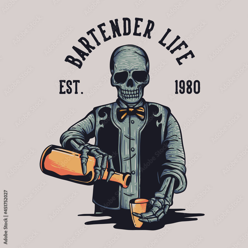 t shirt design bartender life est. 1980 with skeleton pouring beer into ...