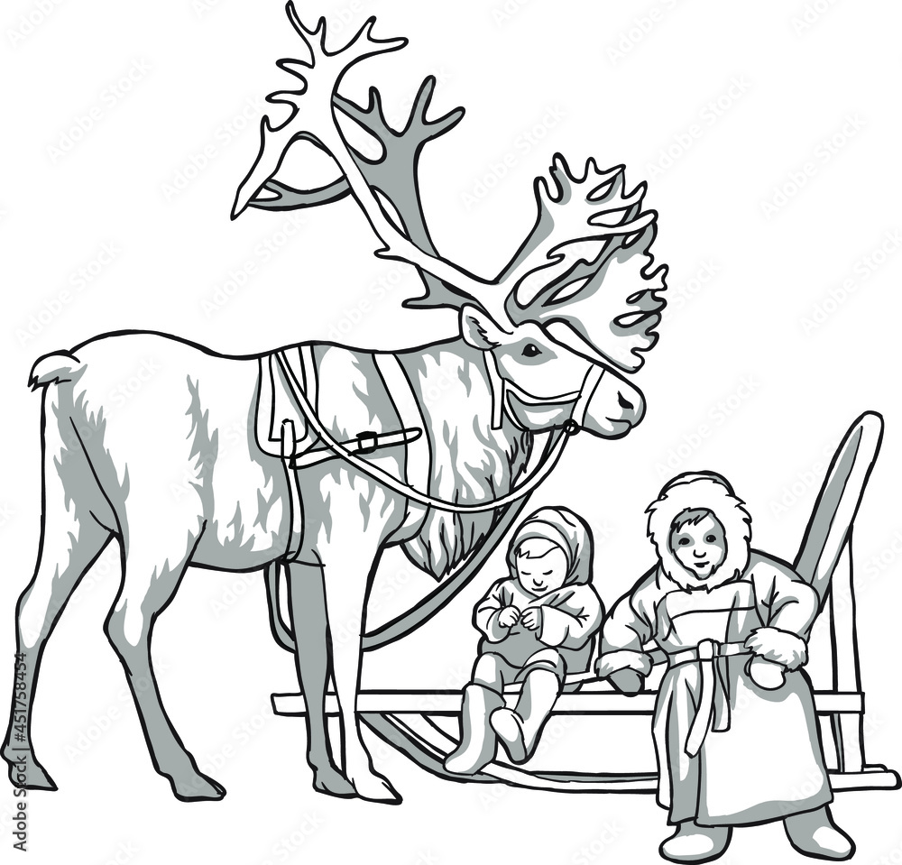 Caribou deer and indigenous peoples of northern Russia. Vintage black ...