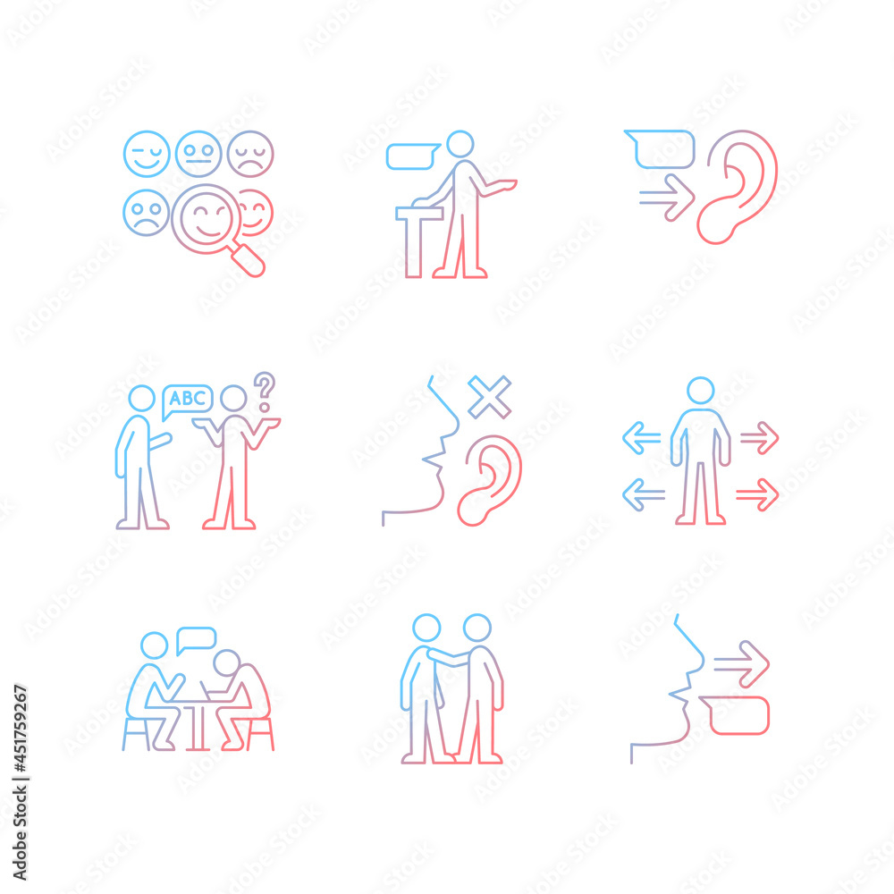 Effective communication gradient linear vector icons set. Socialization ...