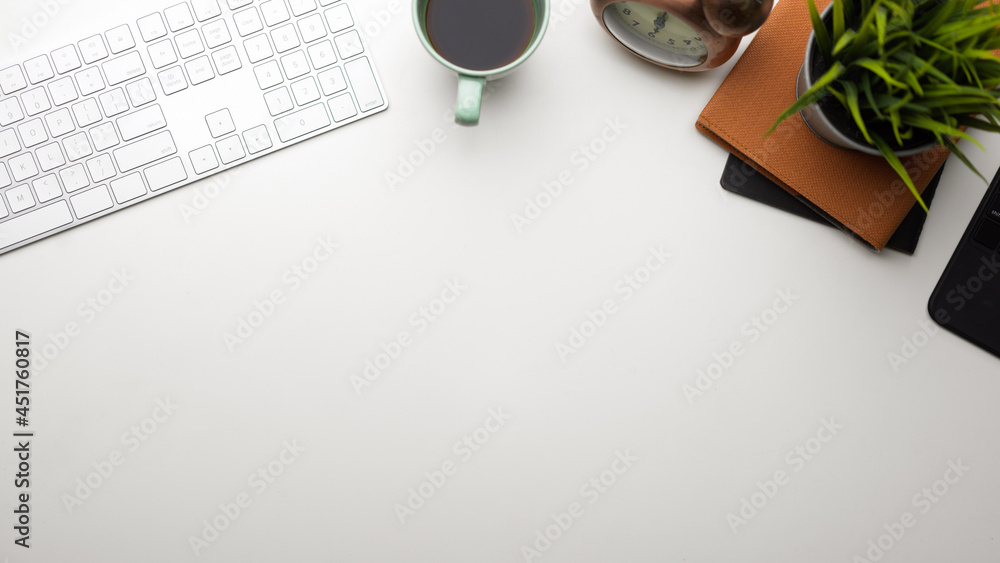Free space in study table white desk with keyboard pc, decor, top view ...