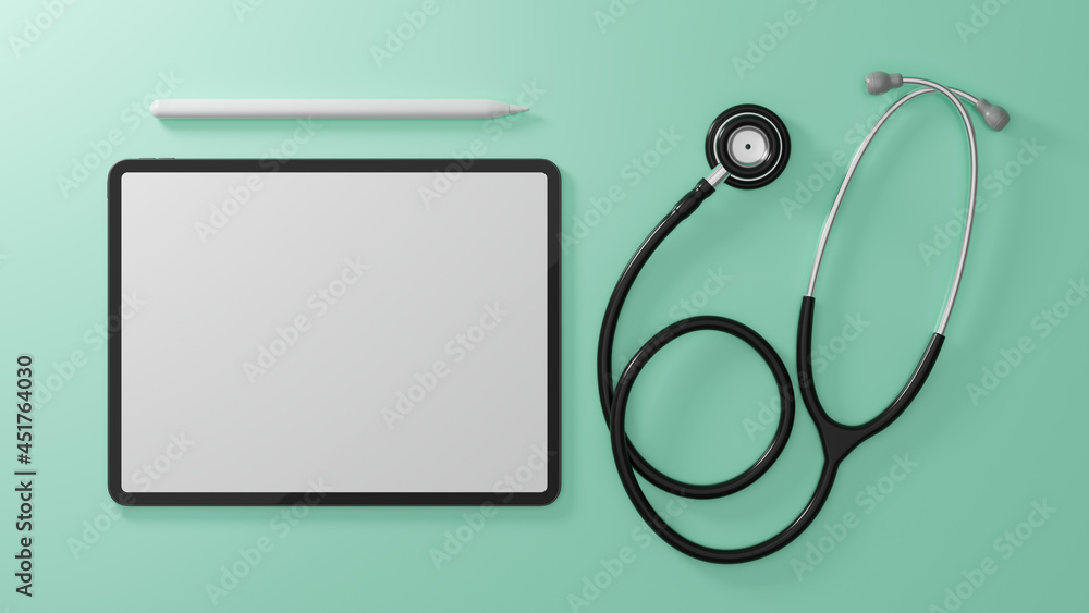 Concept of medical information, tablet screen mockup, stethoscope on ...