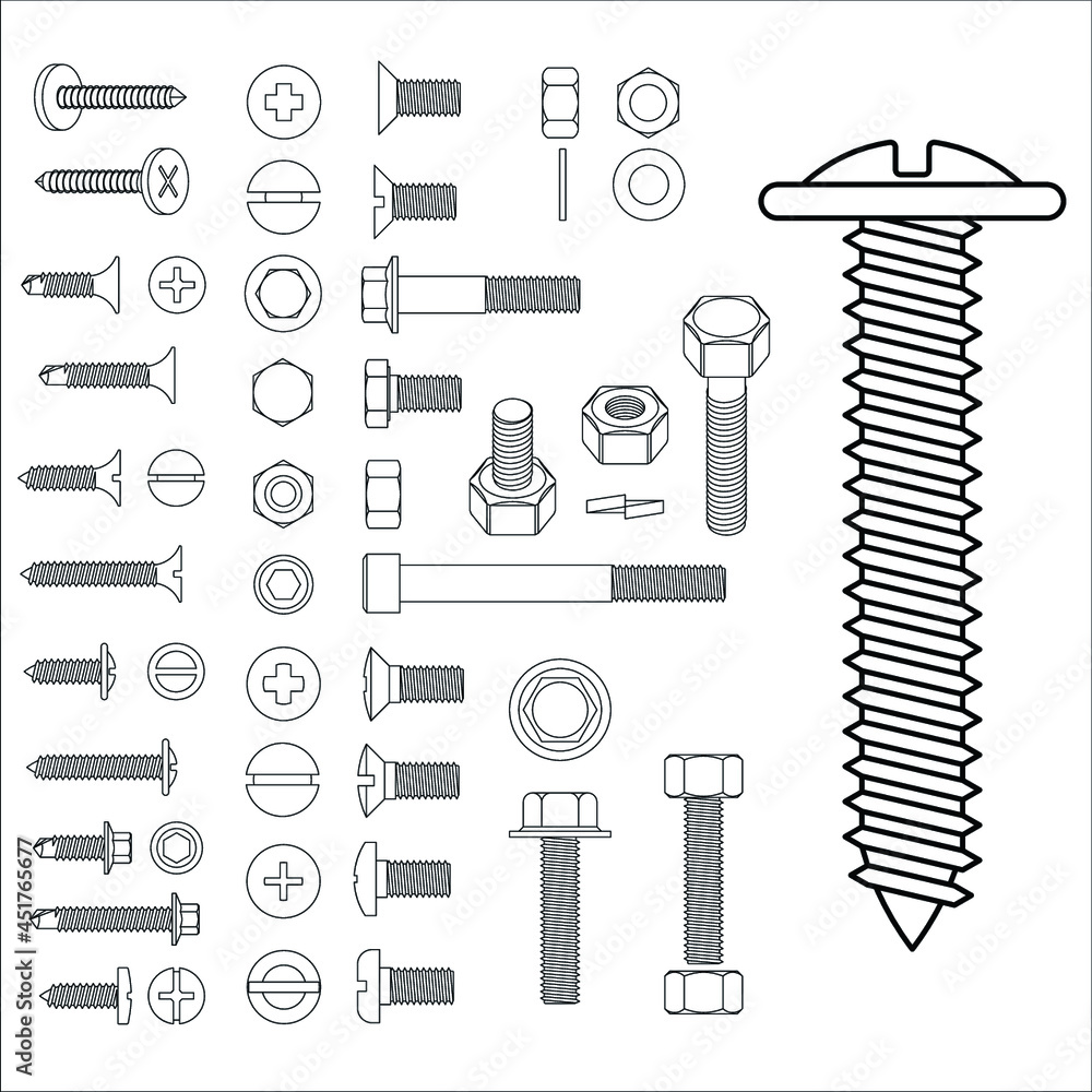 screw bolt and nuts big set outline top and side isometric view ...