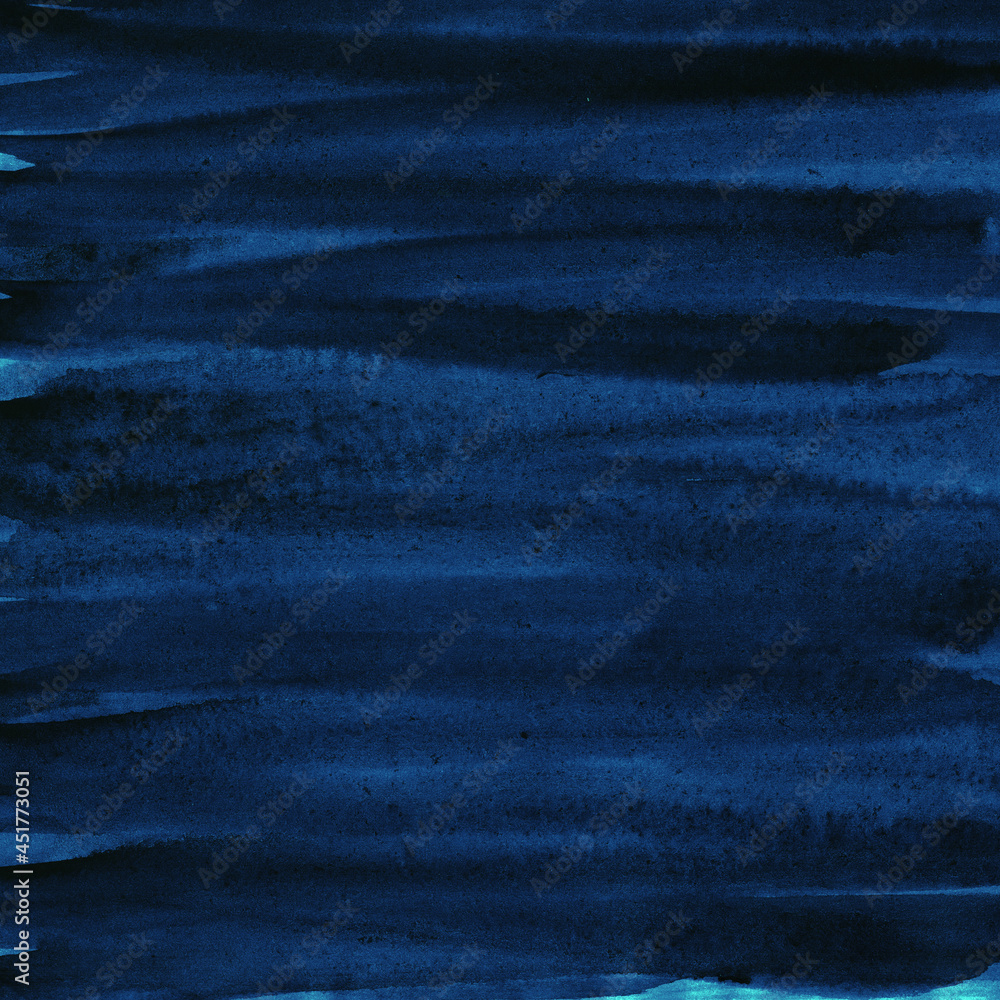 Dark blue watercolor. Hand drawn. Brush strokes. Art background with ...