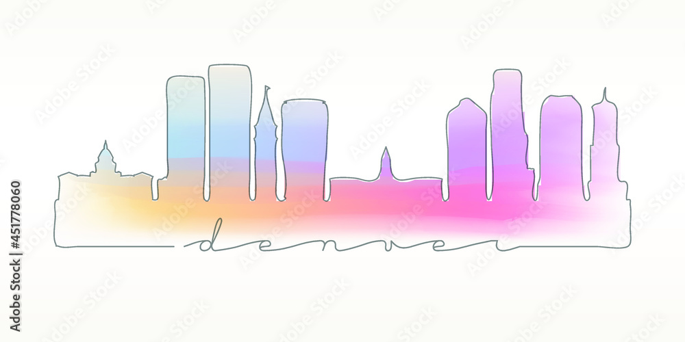 Denver, CO, USA Skyline Watercolor City Illustration. Famous Buildings ...