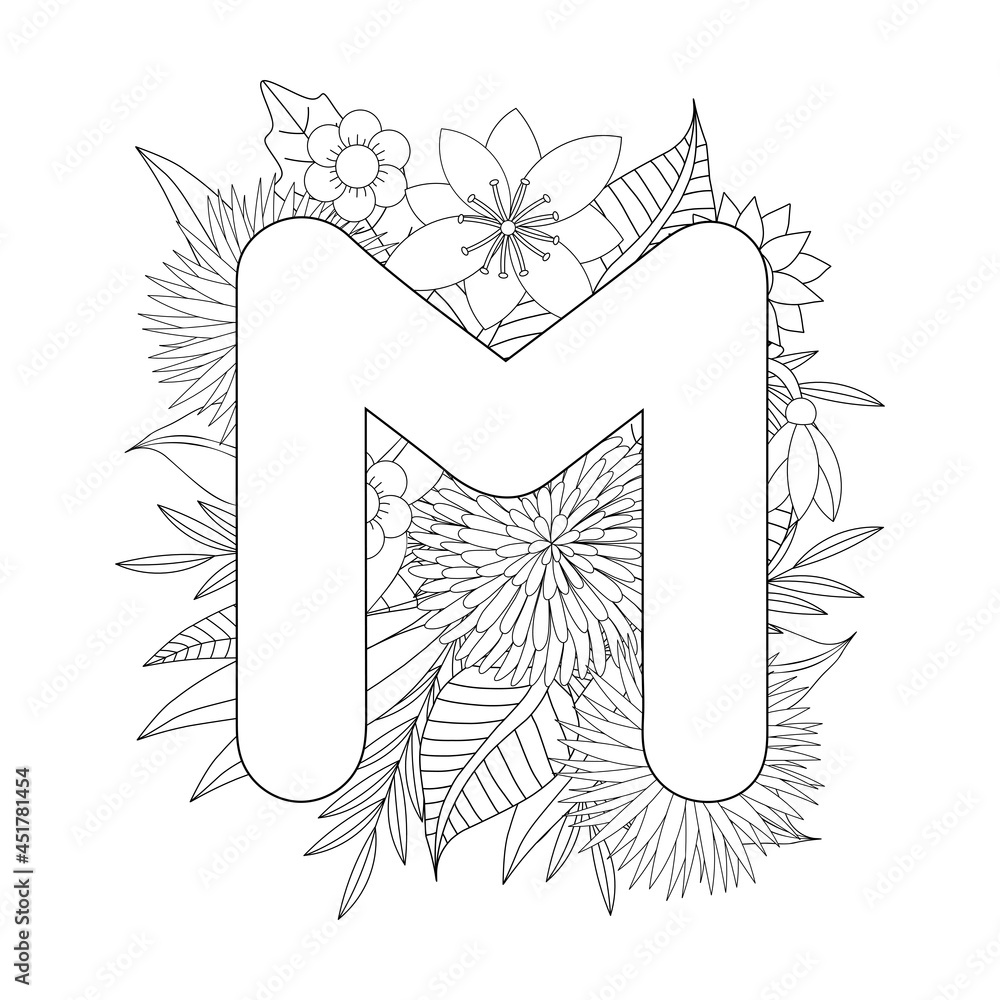 Letter M coloring page. Floral coloring. Stock Vector | Adobe Stock