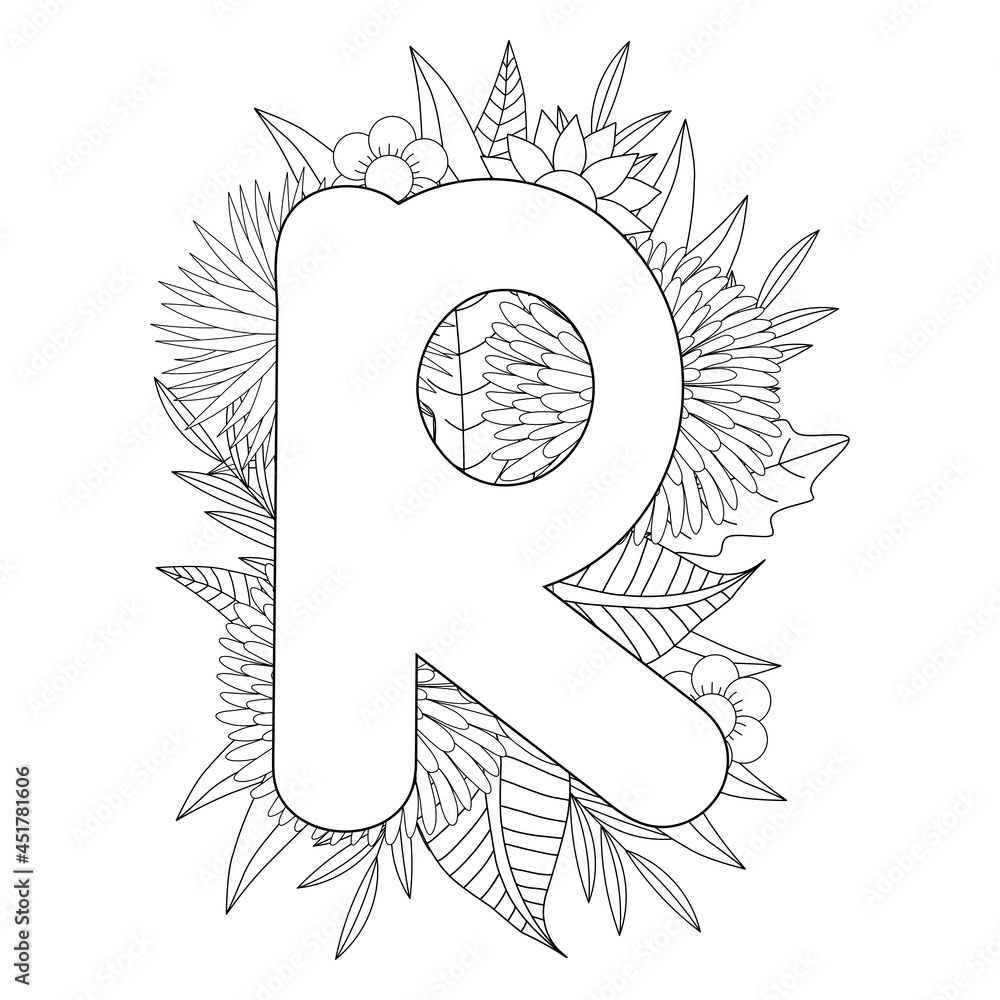 Letter R coloring page. Floral coloring. Stock Vector | Adobe Stock