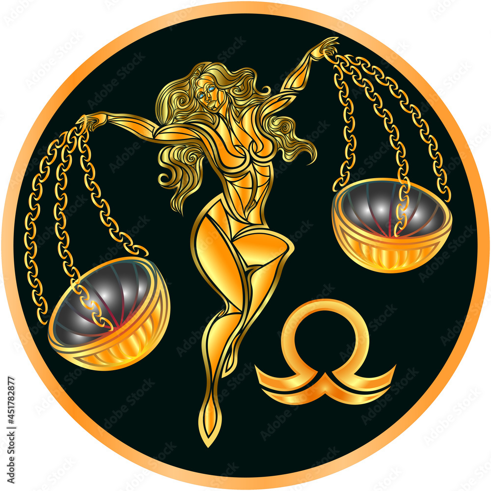 Round gold shield with Libra image with golden zodiac sign and symbol ...