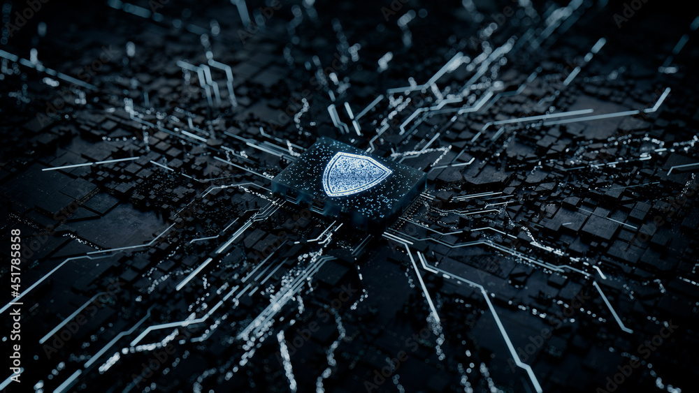 Security Technology Concept with shield symbol on a Microchip. Data flows from the CPU across a ...