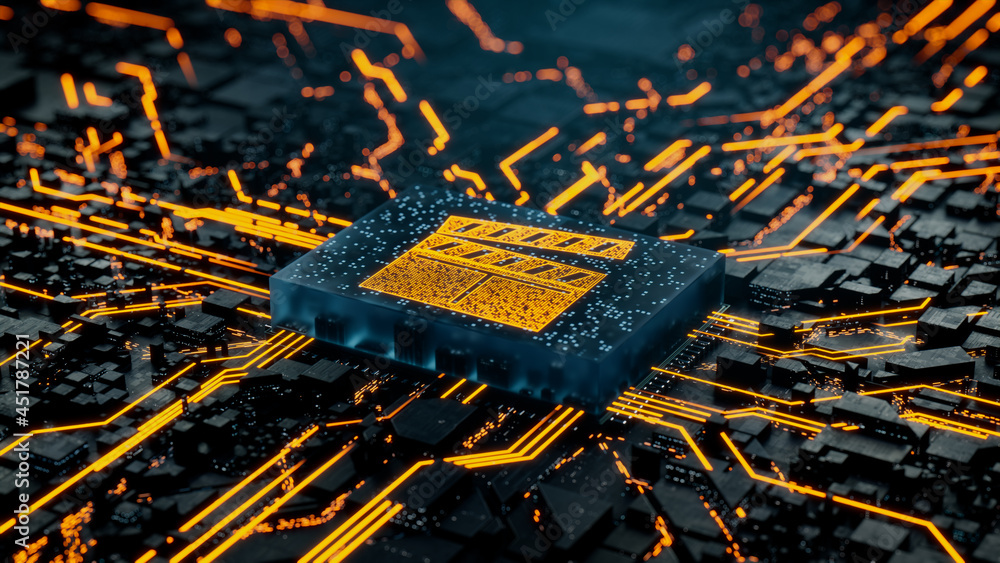Entertainment Technology Concept with movie symbol on a Microchip. Data ...