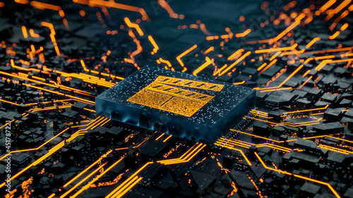 Entertainment Technology Concept with movie symbol on a Microchip. Data ...