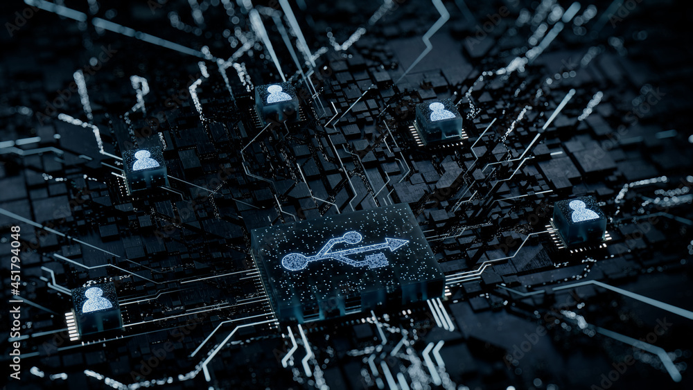 Interface Technology Concept with usb symbol on a Microchip. White Neon ...