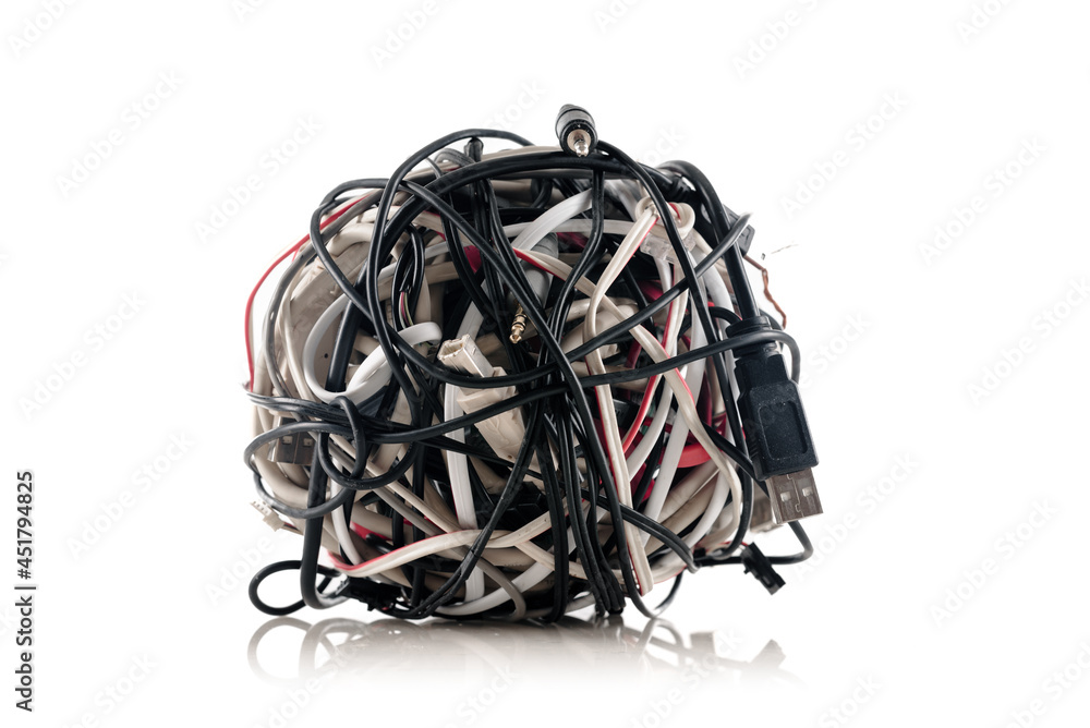 Jumbled pile of wires and cables for smartphone isolated on white ...
