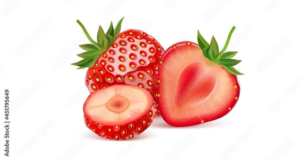 Fresh strawberry fruits set with strawberries slice of pieces element ...