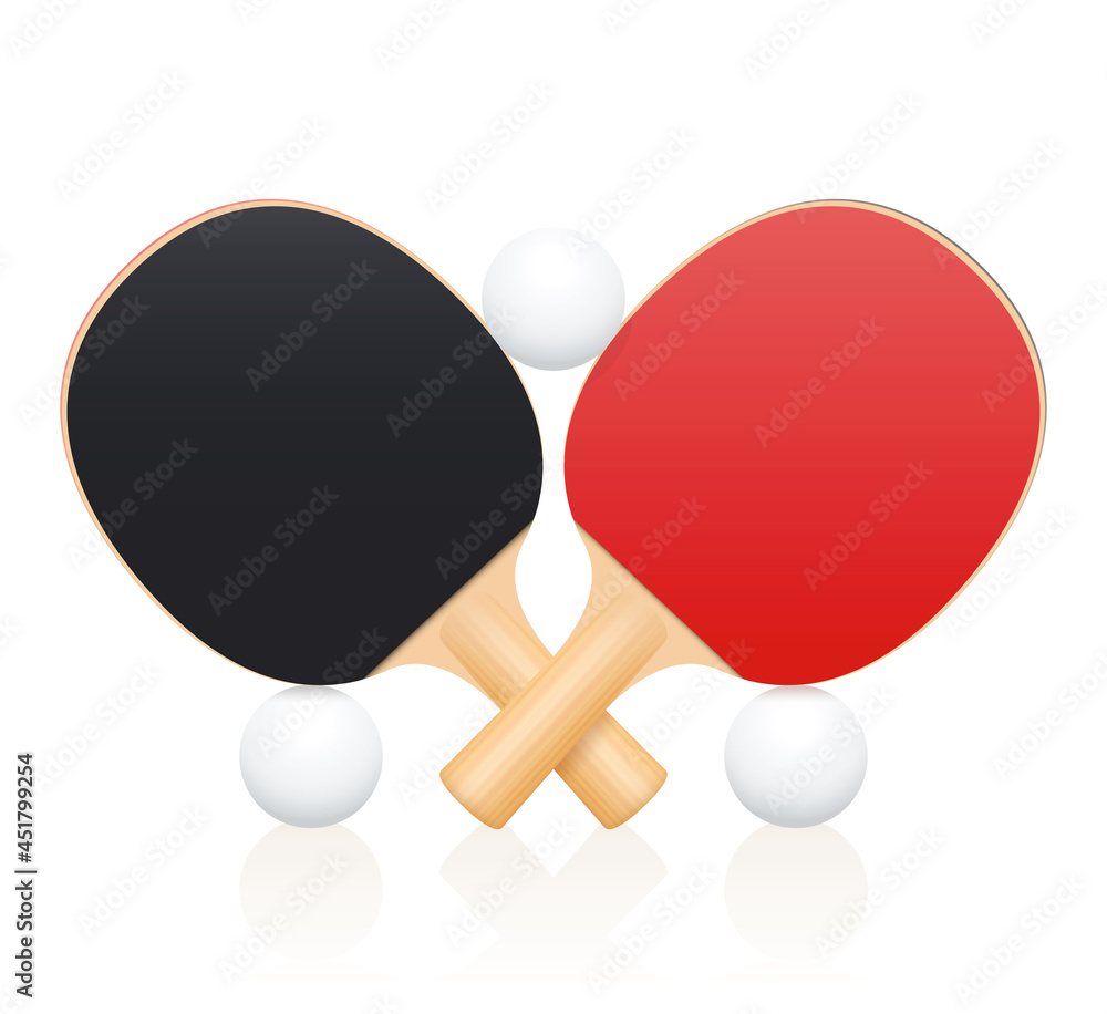 Table tennis bats, crossed ping pong paddles balancing with balls ...