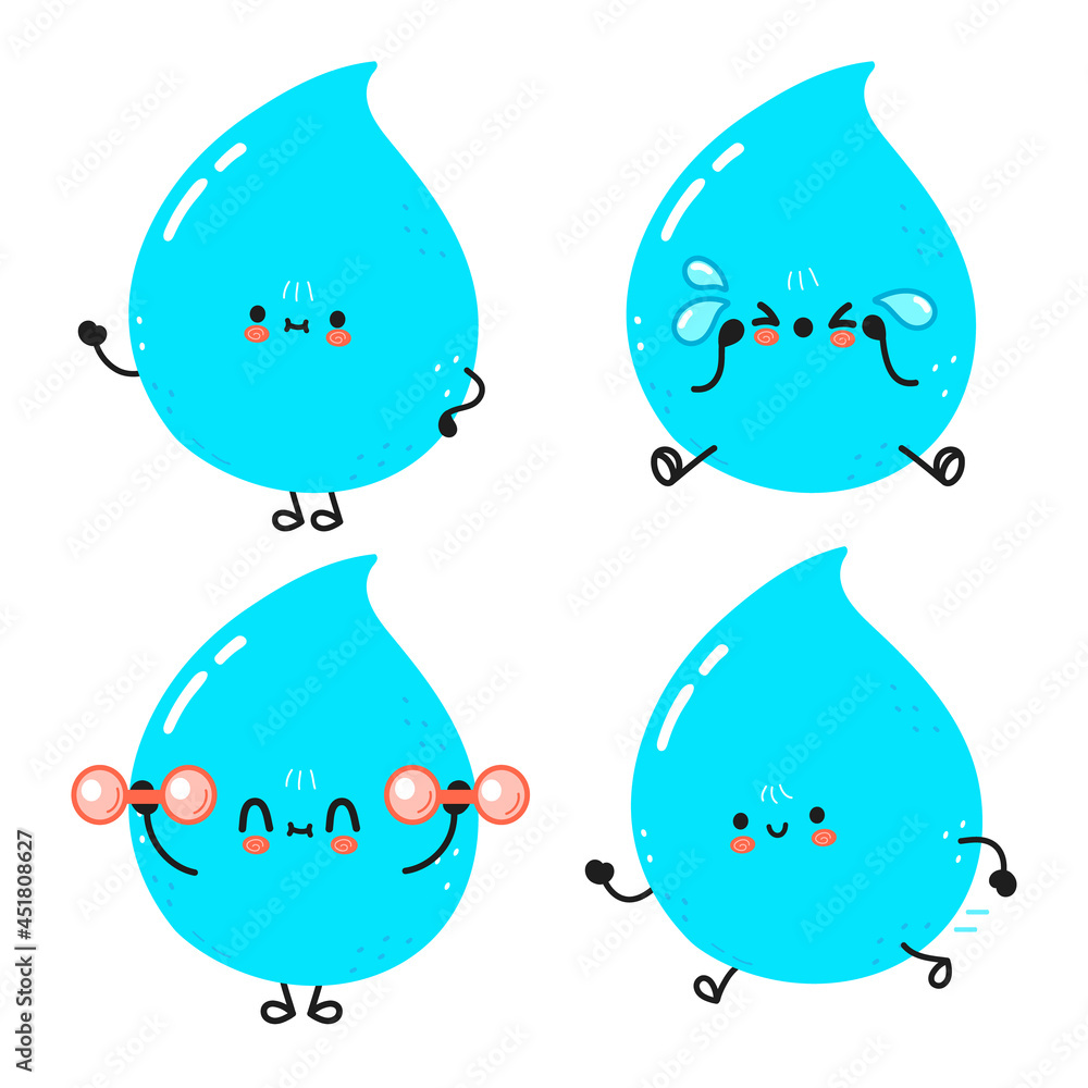 Funny cute happy water drop characters bundle set. Vector kawaii line ...