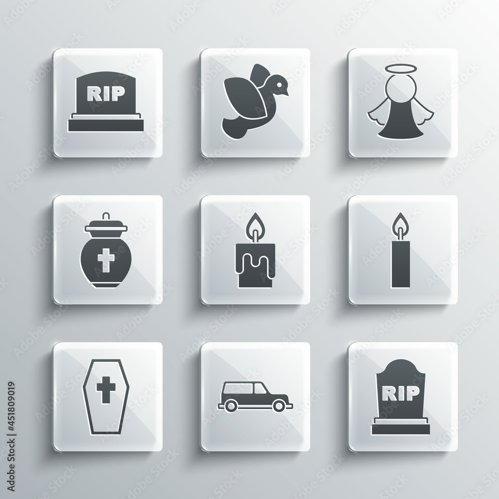 Set Hearse car, Tombstone with RIP written, Burning candle, Coffin ...