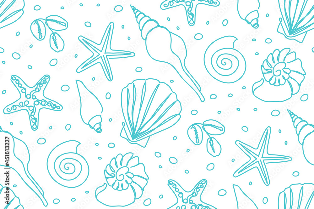 Seamless pattern of hand drawn seashells in blue line art and white ...