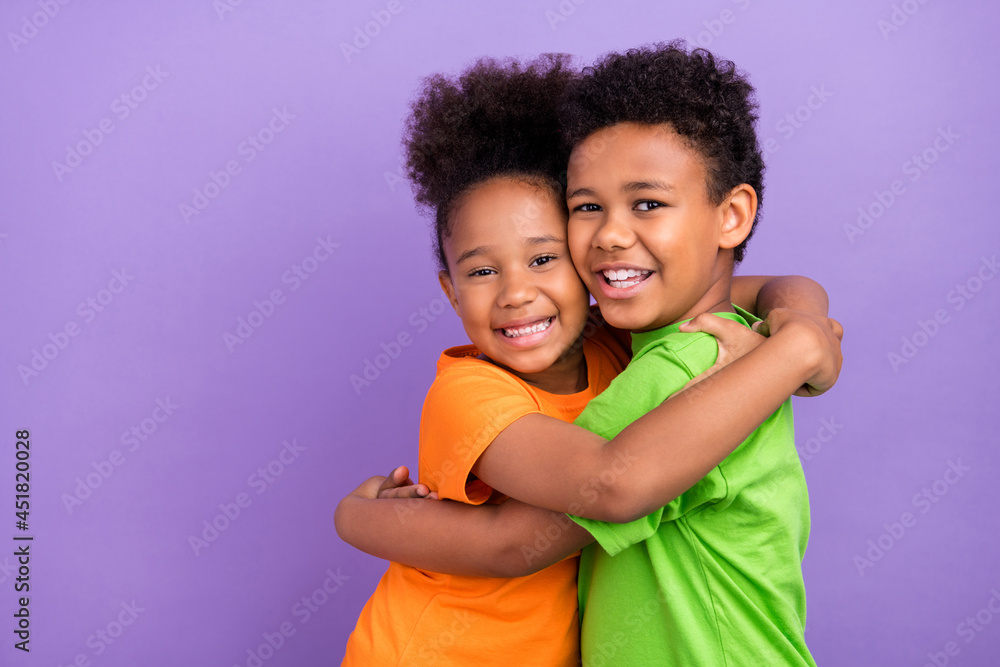 Profile side photo of two young little afro kids happy positive smile ...