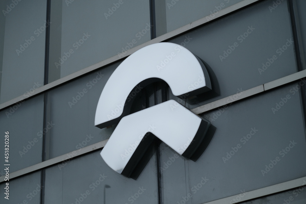 Shanghai.China-August 2021: close up large NIO brand logo. NIO is a ...
