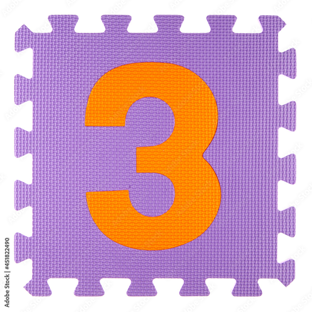 Fragment of a yoga mat made of polyurethane foam with the number 3 ...